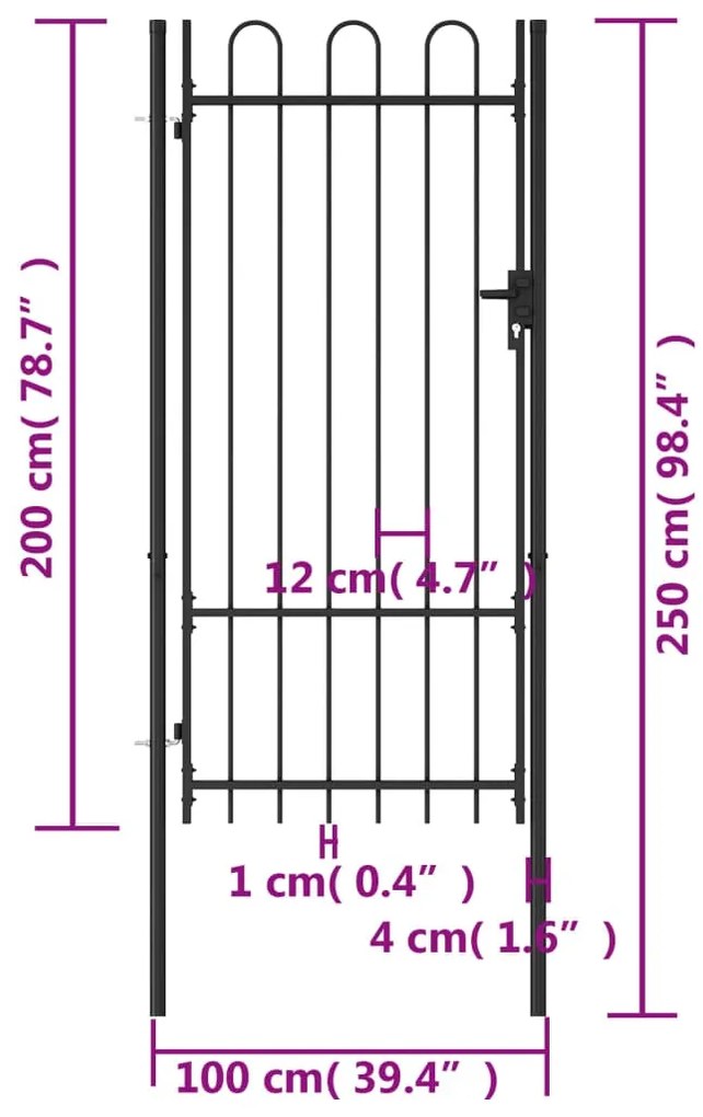 vidaXL Marketos Plotová brána BOXTEL jednokřídlé dveře s klenutým vrškem ocelová 1x2 m černá