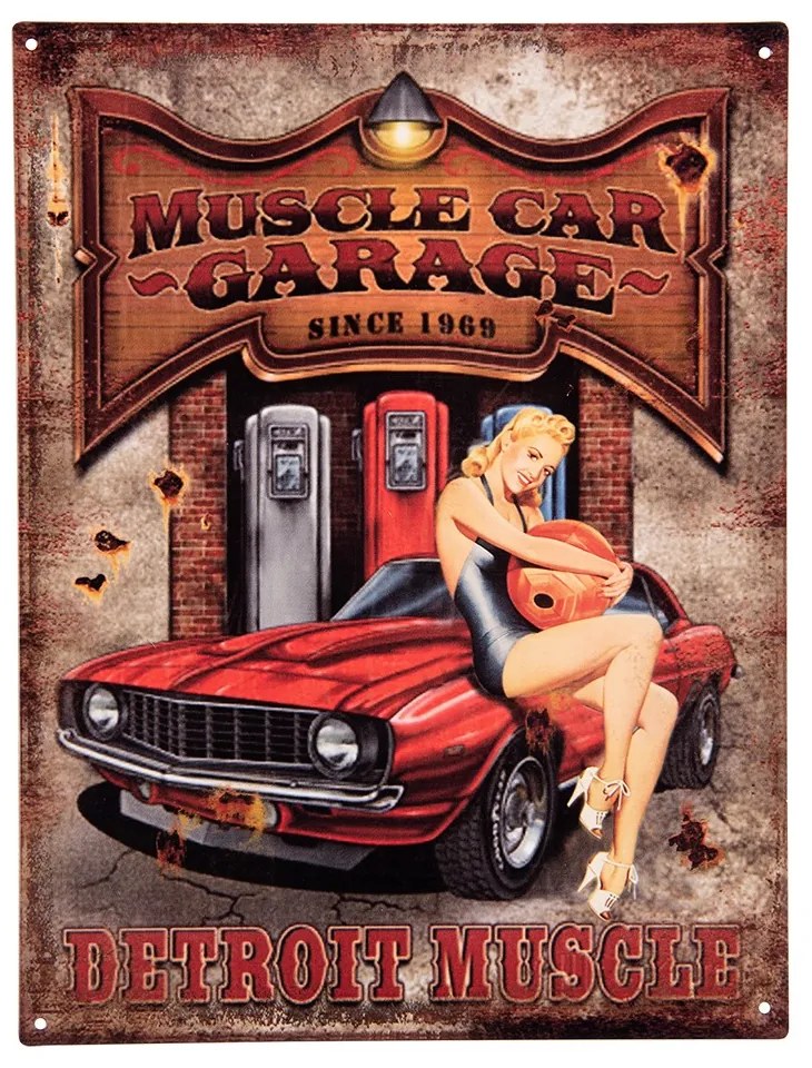 Antik nástěnná kovová cedule Muscle Car Garage - 25*1*33 cm