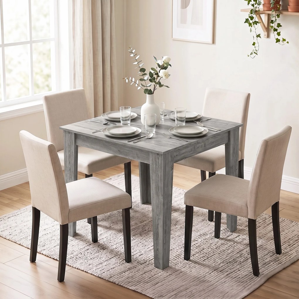 HOMCOM jídelní stůl pro 4 osoby, čtvercový kuchyňský stůl 80x80x75 cm s protiskluzovými nožičky, šedý dřevěný efekt