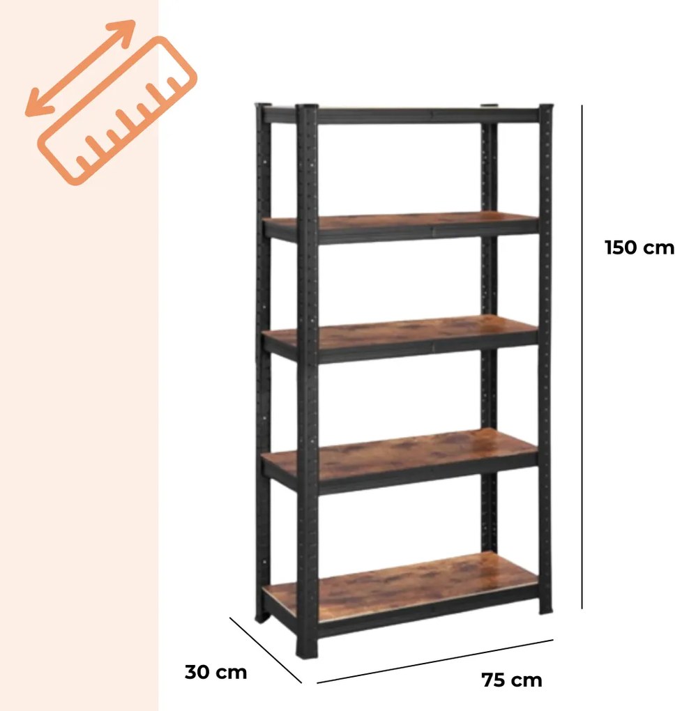 Policový regál DUSTY,5 polic, max 650kg, černá/hnědá SongmicsHome