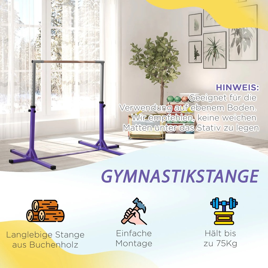 HOMCOM Dětská gymnastická tyč pro 3+ let, nastavitelné tréninkové barové zařízení 92-150 cm, horizontální gymnastická tyč pro zátěž 75 kg, 194x121x15…