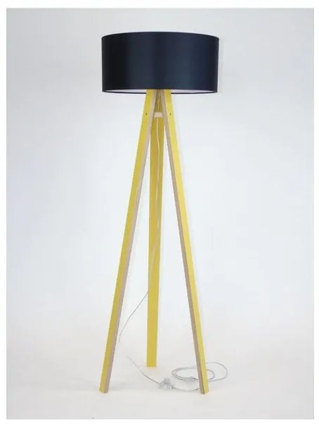Žlutá stojací lampa s černým stínítkem a transparentním kabelem Ragaba Wanda