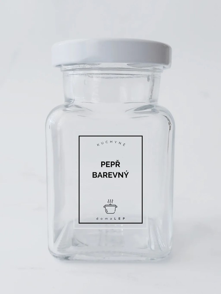 Samolepka na kořenky PEPŘ BAREVNÝ průhledná 3 × 4 cm tučné písmo