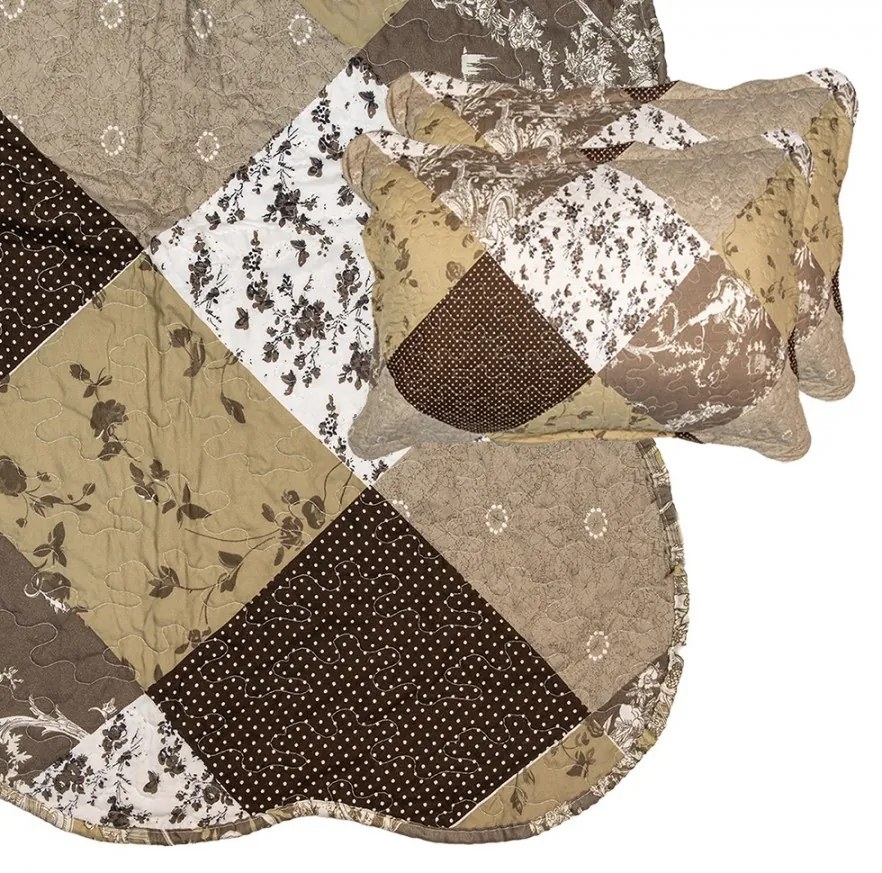 Hnědý přehoz na postel a 1x povlak na polštář Patchwork - 180*250 cm / 50*70 cm