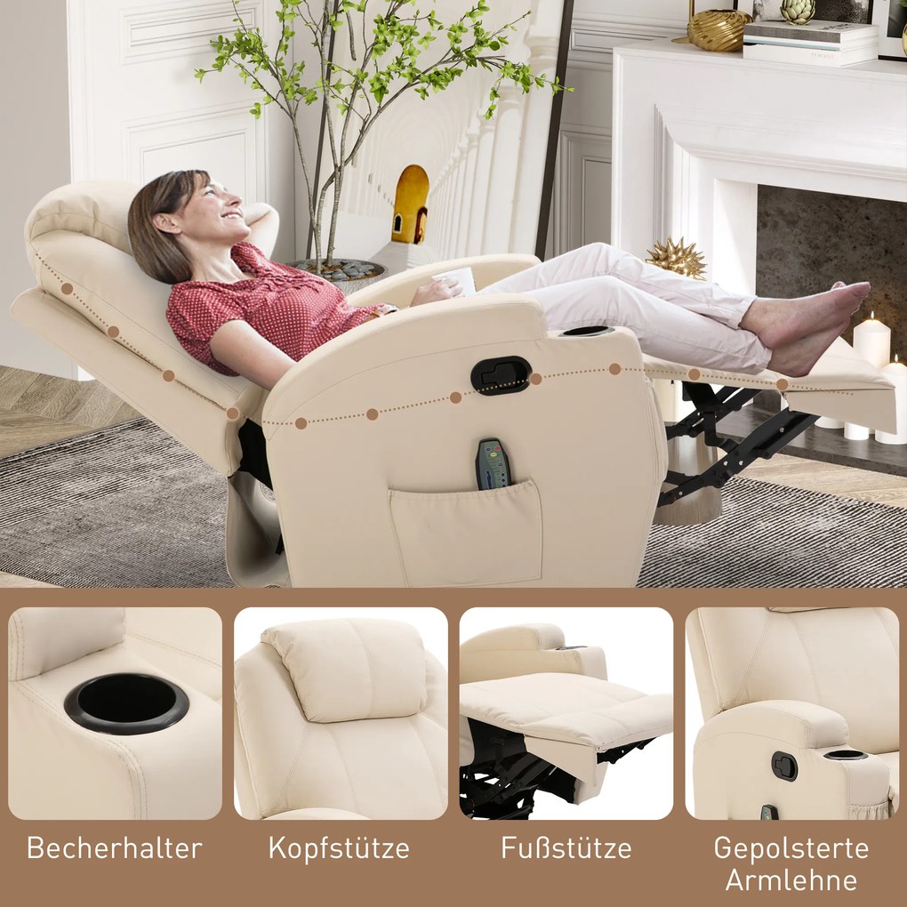 HOMCOM Relaxační křeslo s funkcí polohování, elektrické masážní křeslo, 5 masážních režimů, imitace kůže, krémově bílá, 84x92x109cm| Aosom