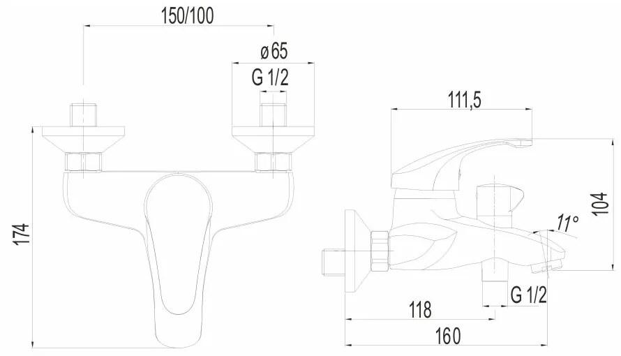 Mereo Sonáta vanová baterie nástěnná 150 mm bez příslušenství chrom CB90104N