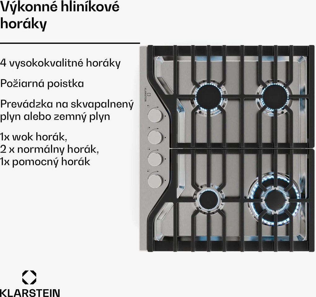 Klarstein Turbocast plynová varná deska | nerez 304 | 4 hořáky | profesionální litinové držáky | Wok hořák