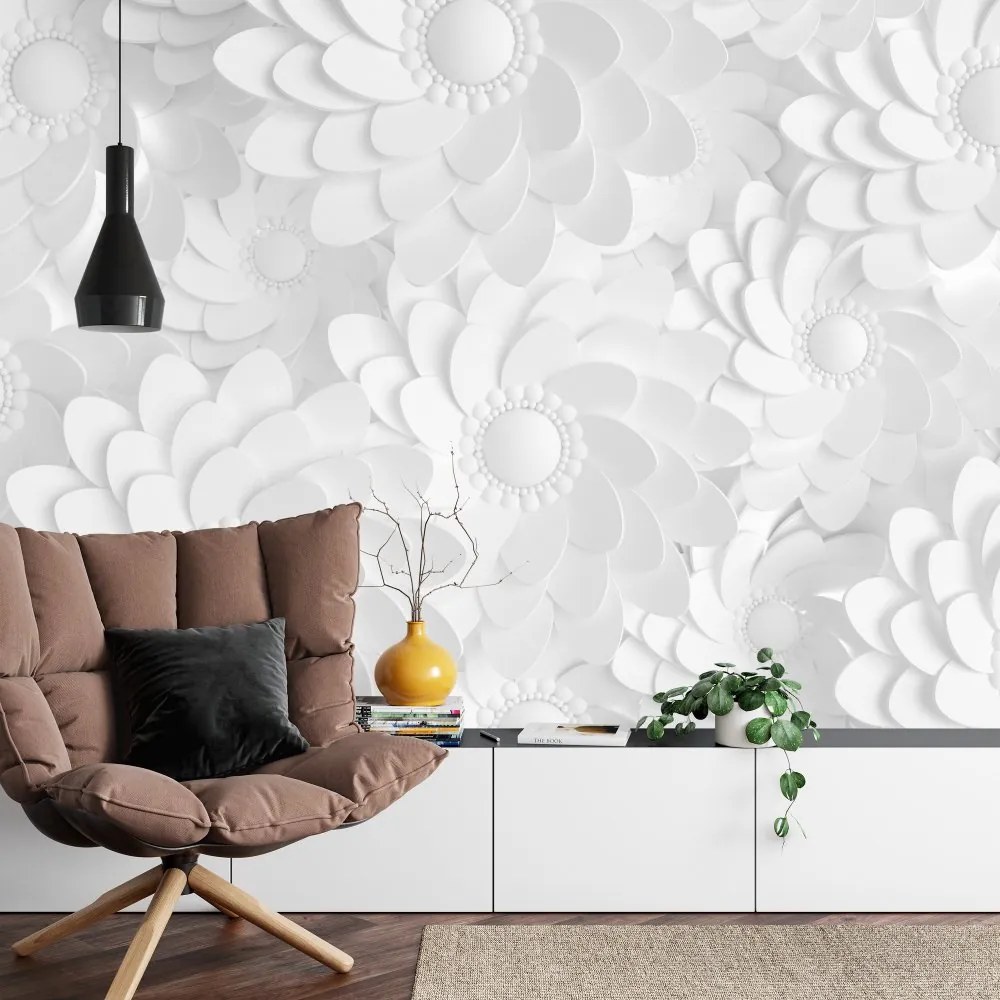 Fototapeta Beautiful, Elegant Paper Flower In The Style Of Hand-Made On A White Wall. 3D , 3D Rendering. Hladký vinyl 104x70.5