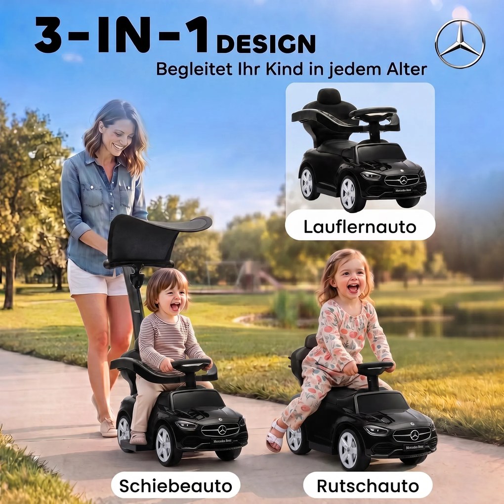 AIYAPLAY 3-v-1 jezdící auto s tlačnou tyčí Mercedes-Benz jezdící vozidlo s volantu, klaksonem, hudbou, střechou, úložným prostorem pod sedadlem, černé