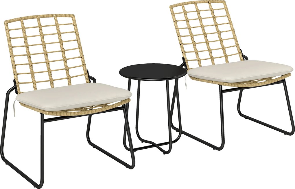 3dílná sada zahradního nábytku, 2 ratanové židle, 1 stůl s kovovou deskou, polštáře na sezení, bistro set, béžová a hnědá barva