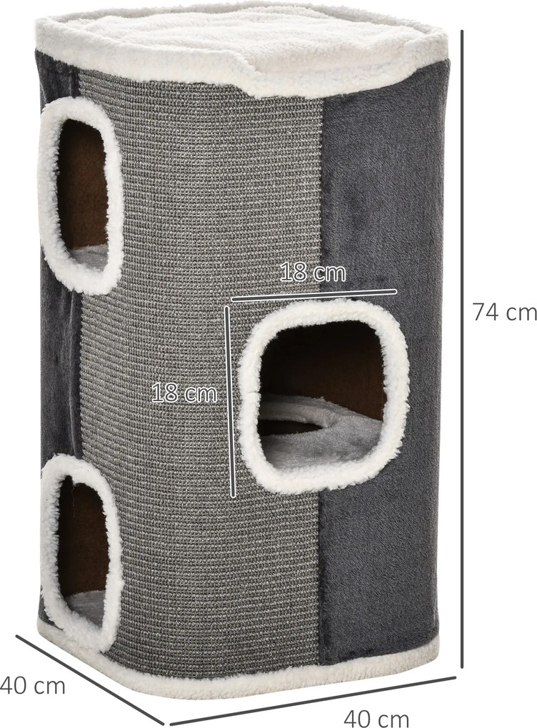 Škrabací strom PawHut pro kočky, 3 úrovně, dřevotříska, sametový polyester, sisal, šedá+bílá, 40x40x74cm| Aosom