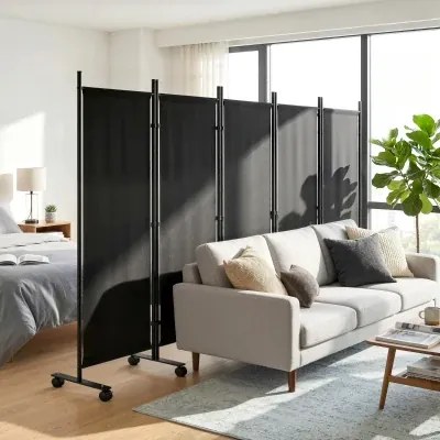 Outsunny dekorativní vnitřní přepážka z oceli s 5 panely, 12 kolečky a spojovacími svorkami, černá