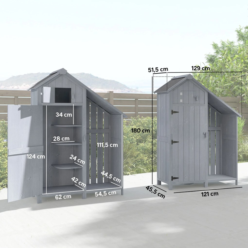 Dřevěný venkovní zahradní přístřešek Odolný proti povětrnostním vlivům s asfaltovou střechou Police 129 x 51,5 x 180 cm Šedý