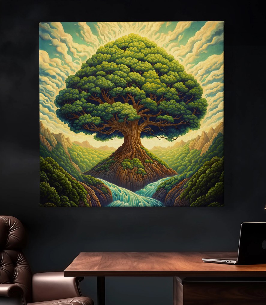 Obraz na plátně - Strom života s řekou FeelHappy.cz Velikost obrazu: 120 x 120 cm