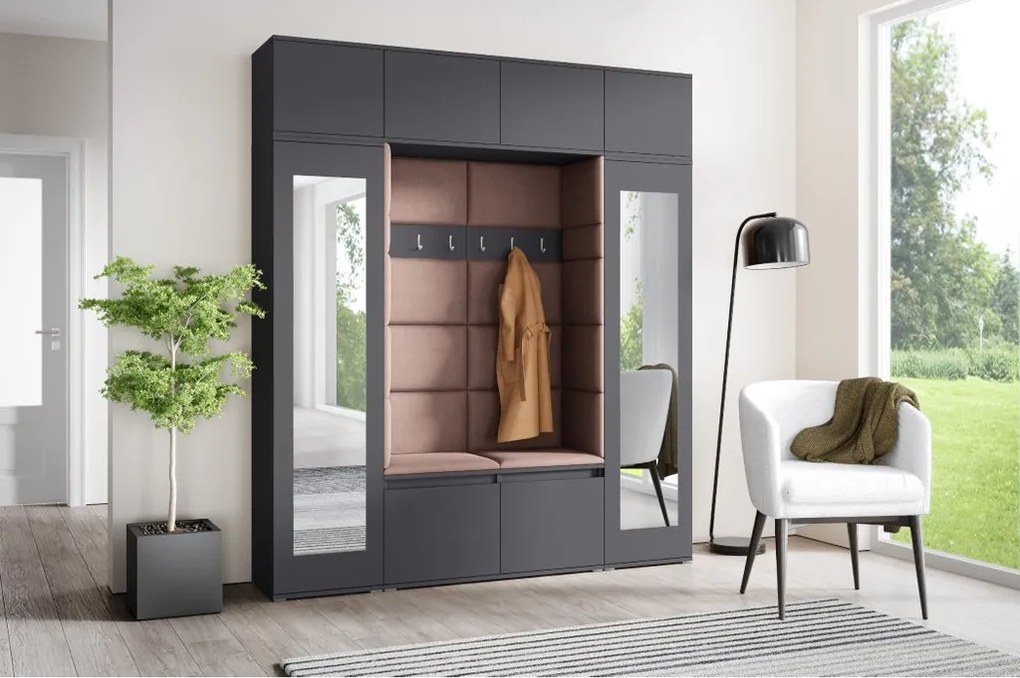 Eka Předsíňová stěna s čalouněnými panely Trinity 32 - Grafit / Světlá hnědá 2306