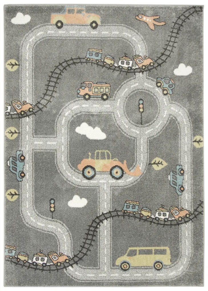Dětský kusový koberec Lima C511A Uličky Auta šedý Rozměr: 80x150 cm