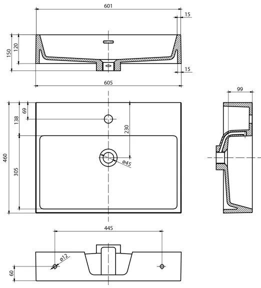 Sapho - Závěsné umyvadlo AQUATIC 60x46 cm keramika/bílá