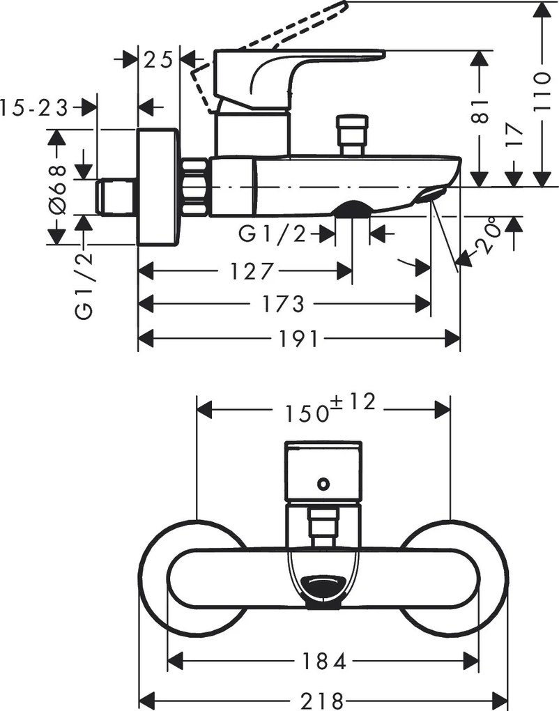 Hansgrohe Rebris S, nástěnná vanová baterie, černá matná, 72440670