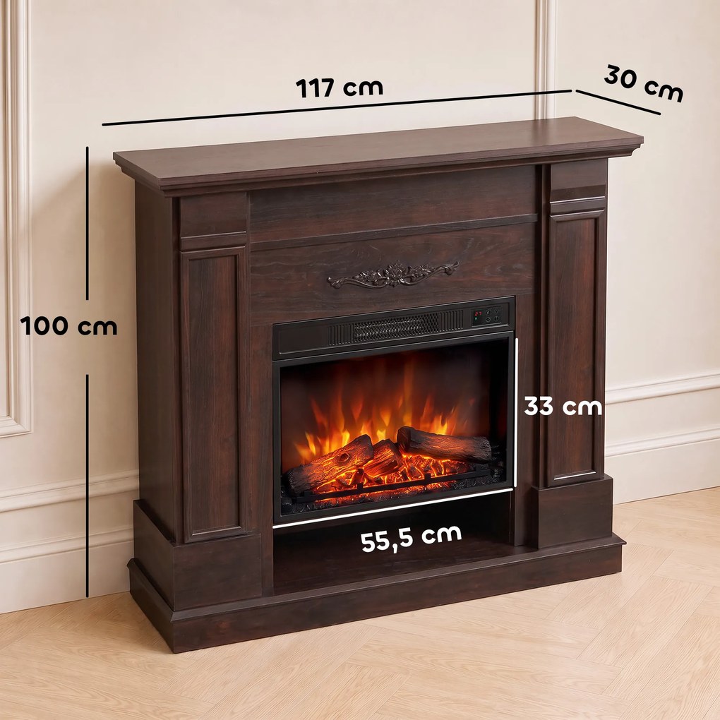 HOMCOM volně stojící/zabudovatelný elektrický krb s rámem a policí pro TV 140 cm, 1800 W, 3D plamenový efekt, časovač, hnědý