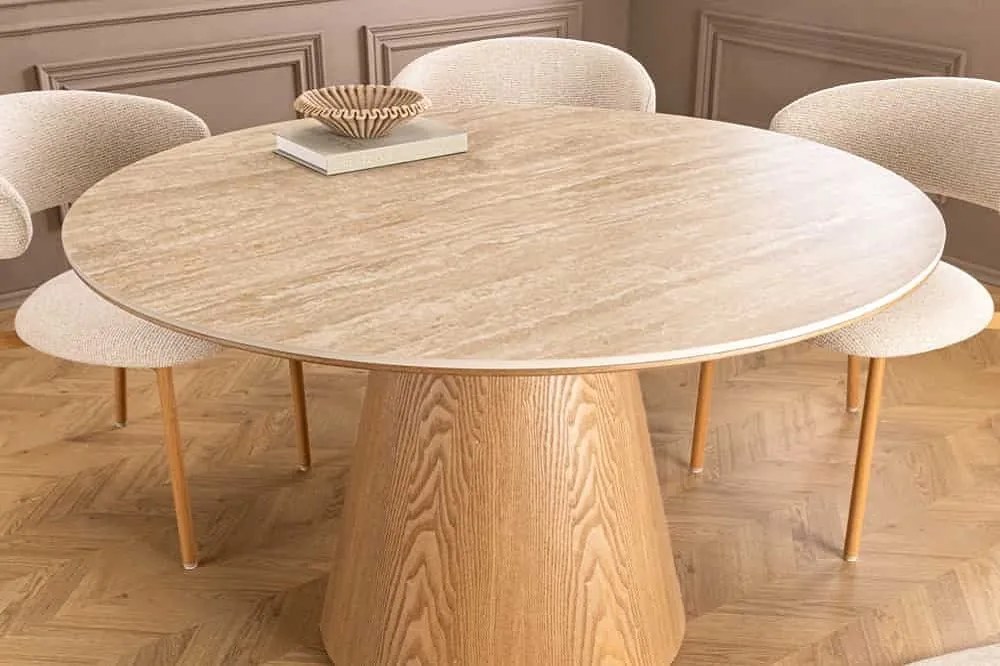 Kulatý keramický jídelní stůl Parthenia 120 cm travertin / dub