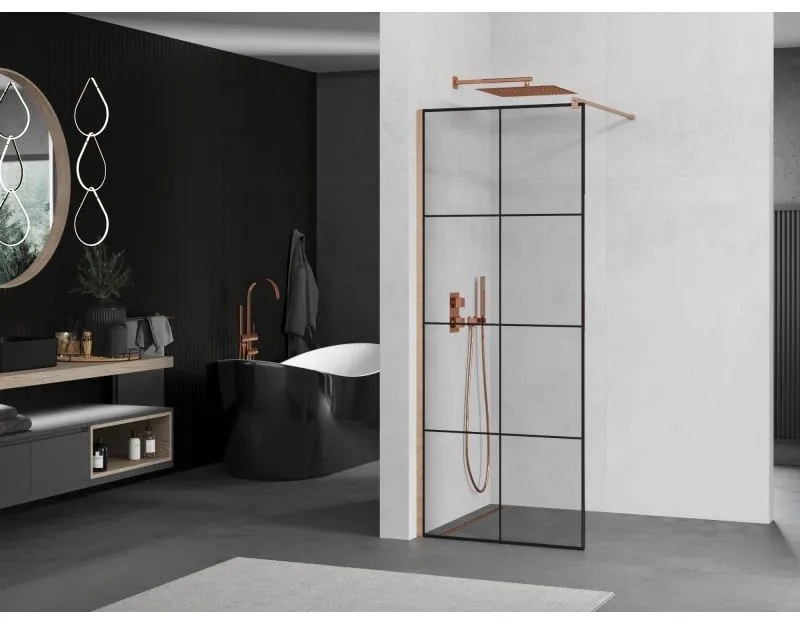 Mexen Kioto, sprchová zástěna Walk-In 80 x 200 cm, 8mm čiré sklo černý vzor, měděný matný profil, 800-080-101-65-77