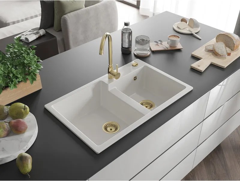 Mexen Tomas, granitový dřez 800x500x190 mm, 2-komorový, bílá se zlatým sifonem, 6516802000-20-G