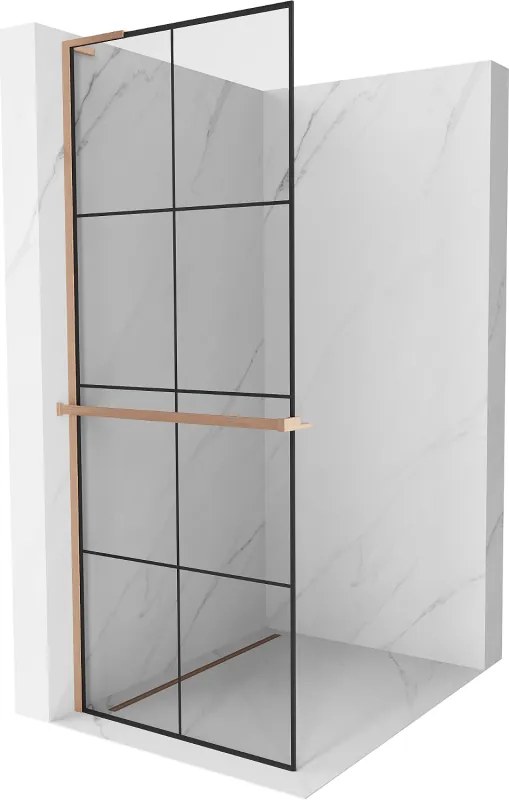 Mexen Kioto+ L, sprchová zástěna Walk-In s poličkou a věšákem 90 x 200 cm, 8mm čiré sklo černý vzor, ​​měděný matný profil, 800-090-123-65-77