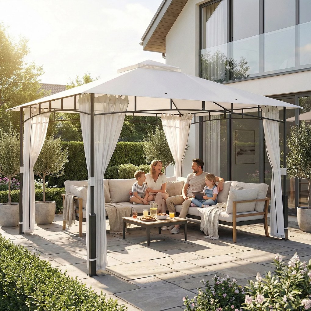 Outsunny Pavilon, 3x3,6 m vodoodpudivý Stabilní zahradní pavilon s moskytiérou, dvojitá střecha, pro zahradu, terasu, černý