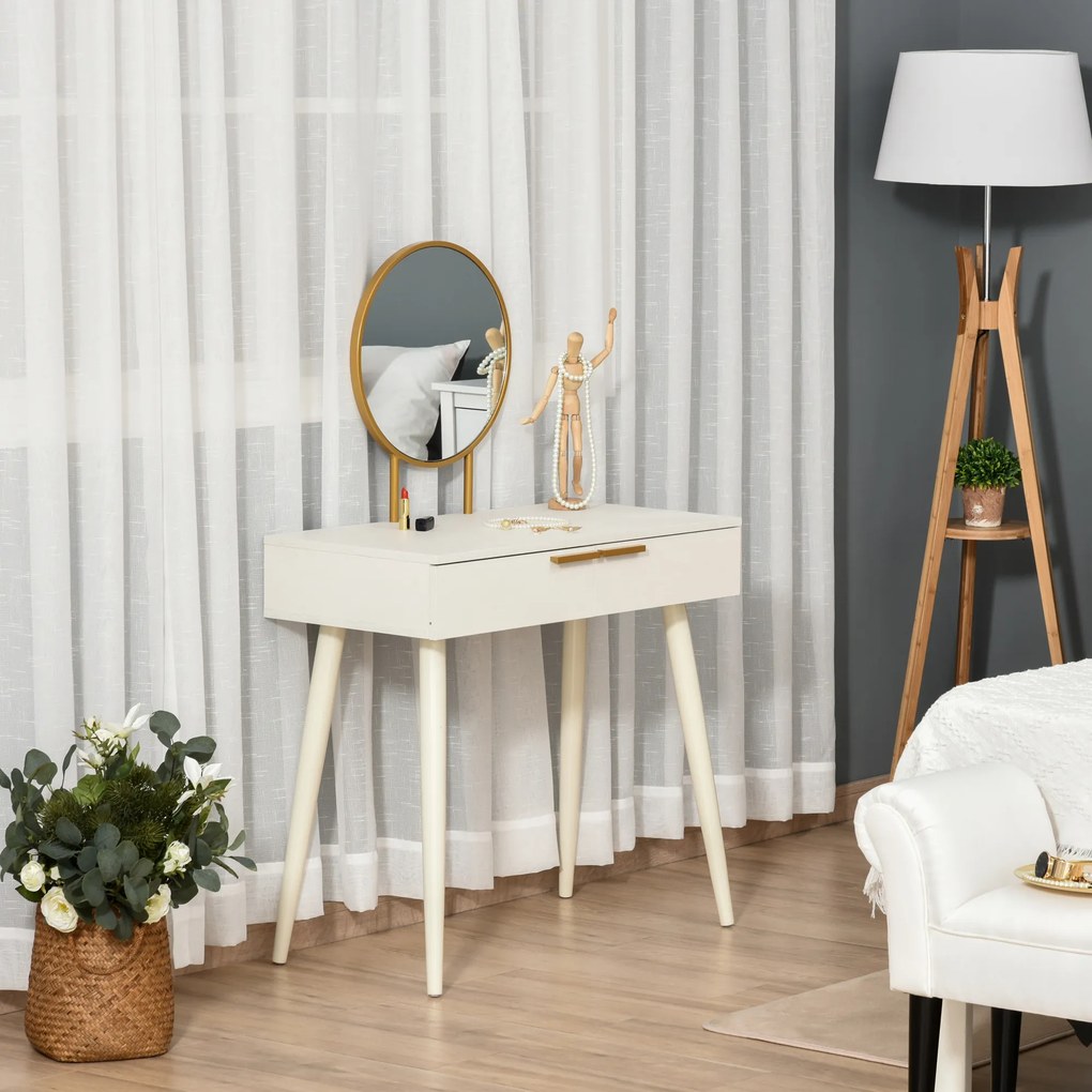 HOMCOM Toaletní stolek s kulatým zrcadlem, líčící stolek se 2 zásuvkami, moderní styl pro ložnici nebo šatnu 80x40x123 cm Bílý