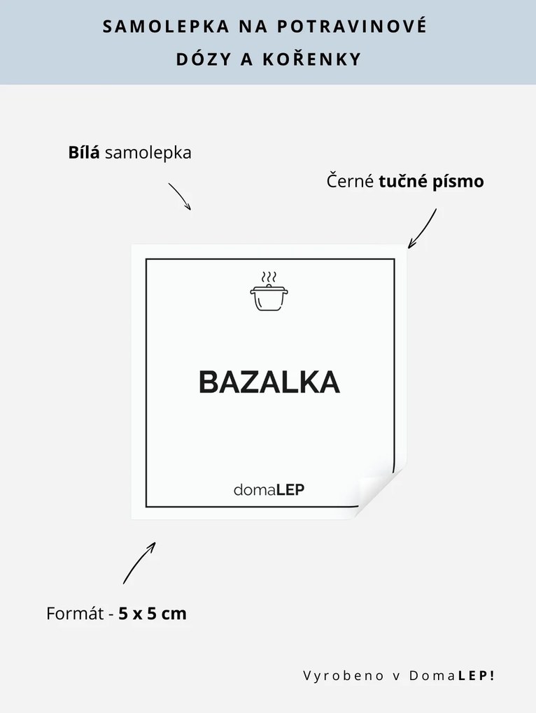 Samolepka na kořenky BAZALKA bílá 5 × 5 cm tučné písmo