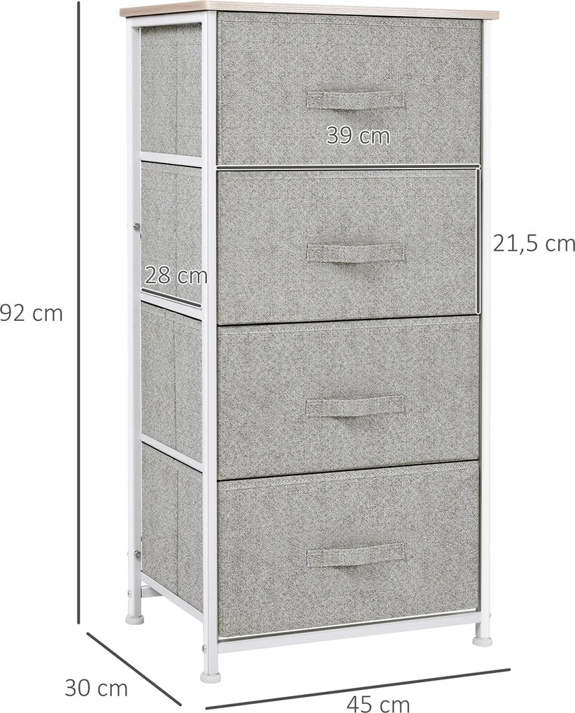 HOMCOM Komoda se 4 látkovými zásuvkami, úložný kabinet multifunkční pro ložnici, obývací pokoj a chodbu 45x30x92 cm šedá