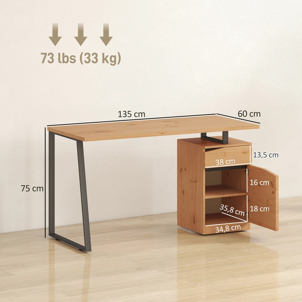 HOMCOM počítačový stůl se skříňkou a zásuvkou 135 x 60 cm, nastavitelná police, kovové nohy, industriální styl, přírodní dřevo