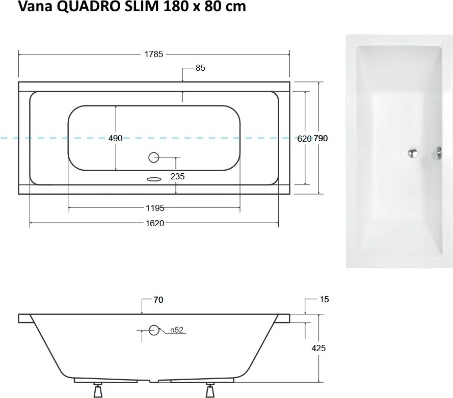 Besco Quadro Slim obdélníková vana 180 x 80 cm akrylát bílá VANQAUD180SLIM