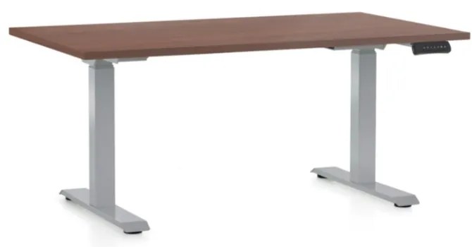 Výškově nastavitelný stůl OfficeTech D, 140 x 80 cm, šedá podnož, ořech