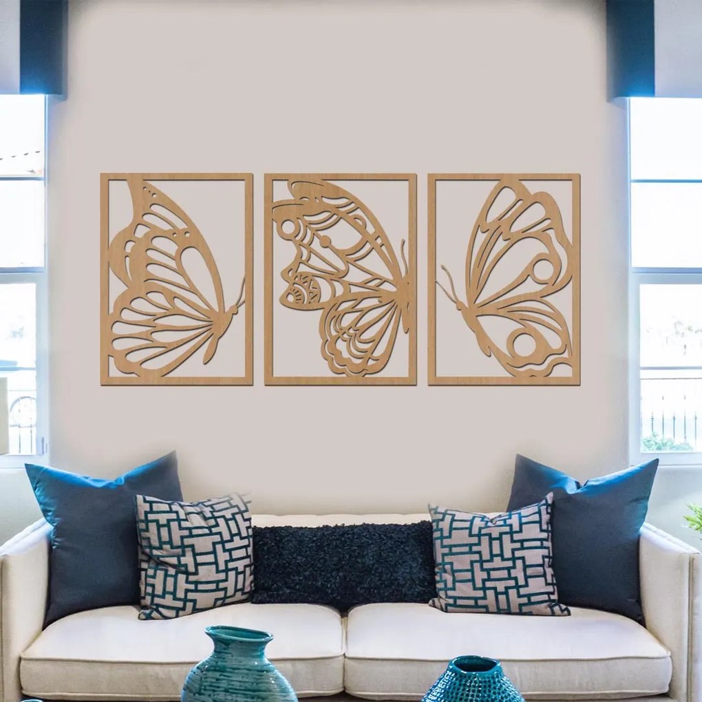 3dílný dřevěný obraz MOTÝLŮ Barevný vzor: Javor, Rozměry (cm): 60x28