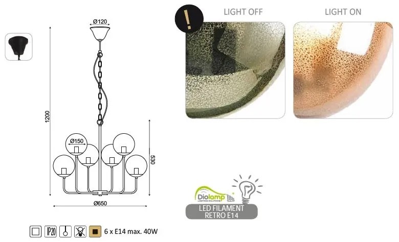 ACA DECOR Závěsné svítidlo DELOS 6x40W/E27/230V/IP20, jantarová barva