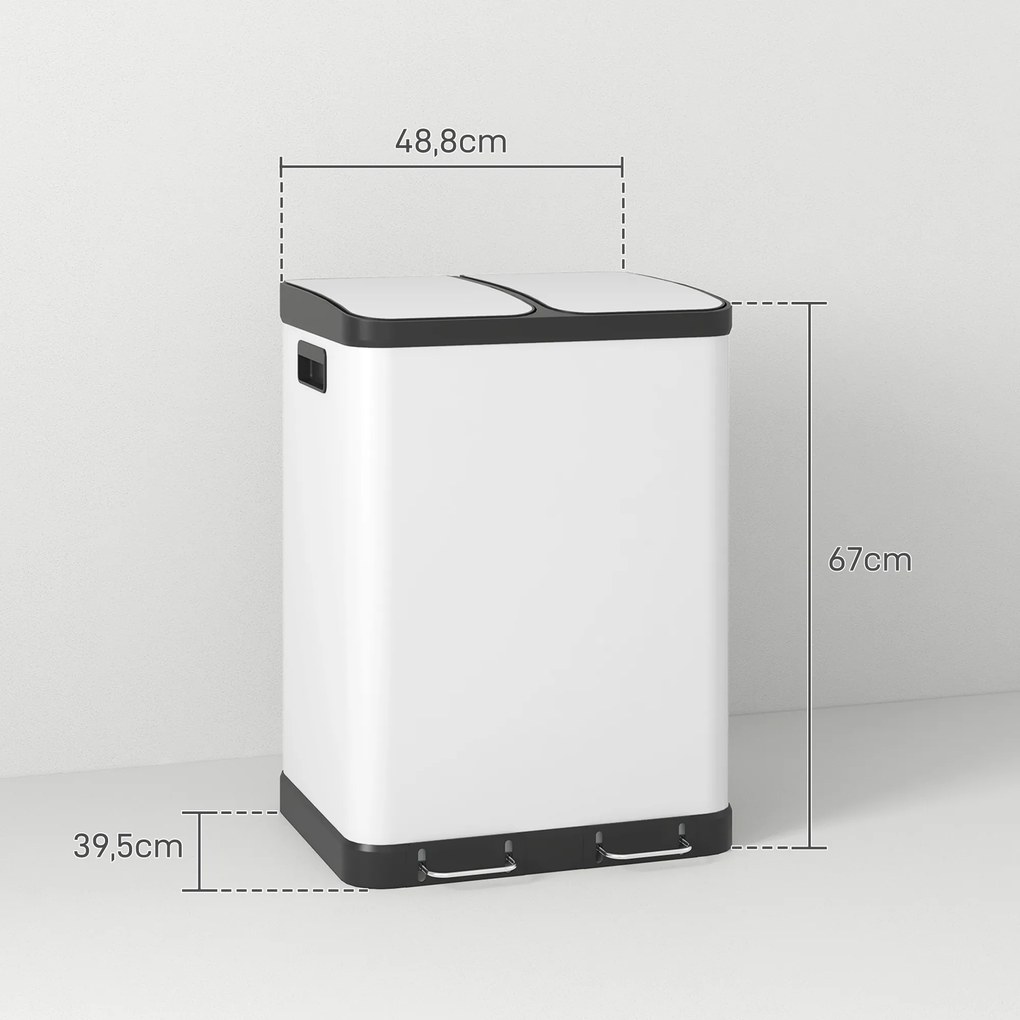 Dvoukomorový odpadkový koš, 2 x 30 l, odolný proti otiskům prstů, pedál, vyjímatelný vnitřní koš, šedý