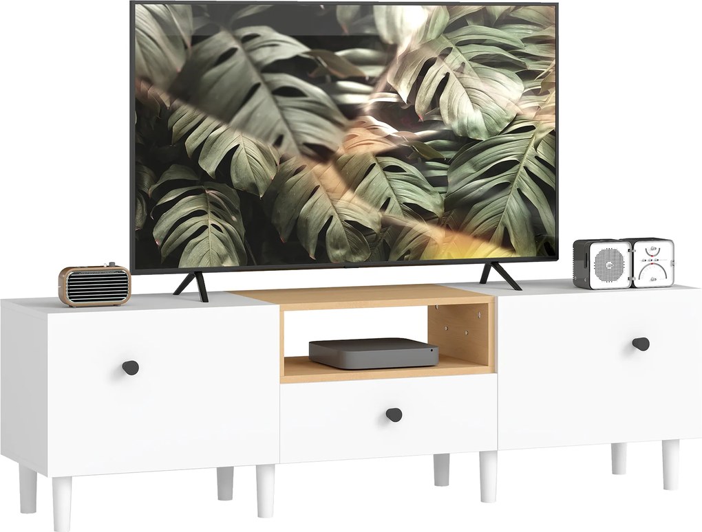 HOMCOM TV nábytek až do 177,8 cm s 2 sklápěcími dvířky, zásuvkou a otevřenou přihrádkou, dřevo, 150x35x45 cm, bílá a dřevěný vzhled
