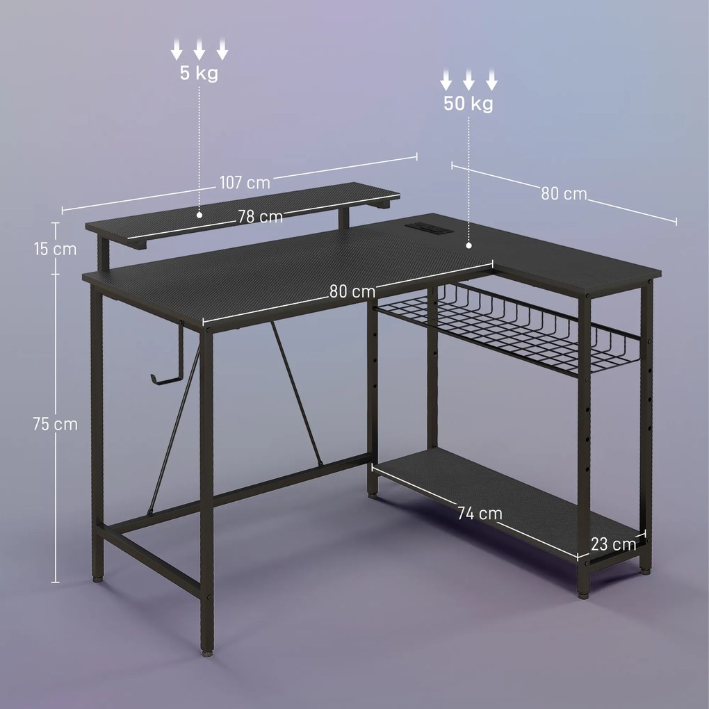 HOMCOM Stůl ve tvaru L s LED diodami, zásuvkami, USB, oboustranný počítačový stůl s polici, 107 x 80 x 90 cm, černý [