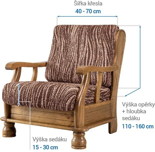 Bielastické potahy UNIVERSO NOVÉ žíhané hnědé křeslo s dřevěnými rukojeťmi (š. 40 - 70 cm)