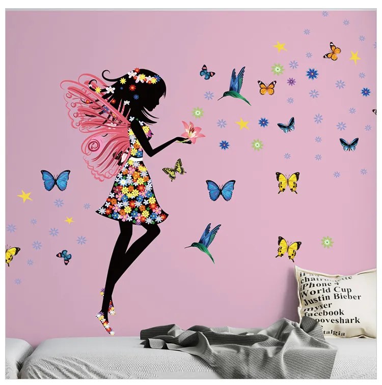 PIPPER | Samolepka na zeď "Víla s motýly a kolibříkem" 95x150 cm