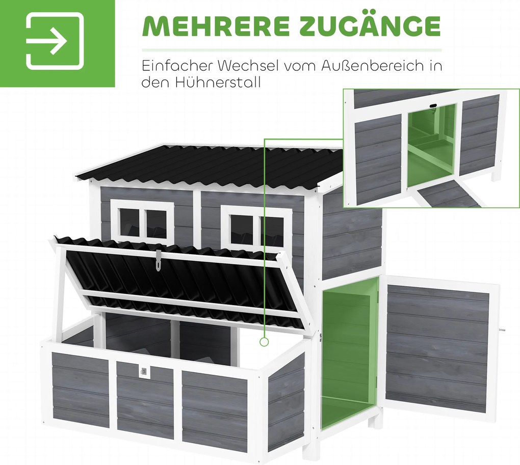 Kurník PawHut z jedlového dřeva, kurník s hnízdní budkou, kurník pro 4-6 kuřat, vodotěsná střecha, 100 x 86 x 100 cm, světle šedý