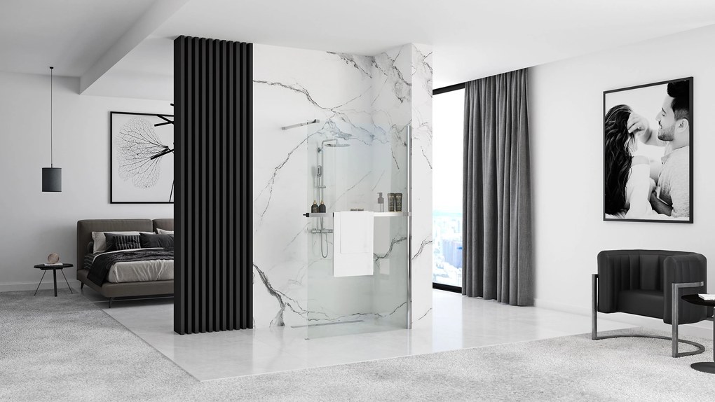 Rea Aero N, sprchová zástěna typu Walk-In 90cm, 8mm čiré sklo, chromový profil + polička a věšák EVO, KPL-K0553