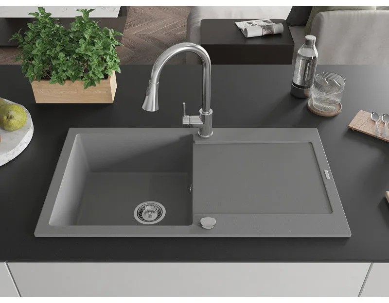 Mexen Leo, 1-komorový granitový dřez 900x500x190 mm a dřezová baterie Elia, šedá, 6501-71-670101-00