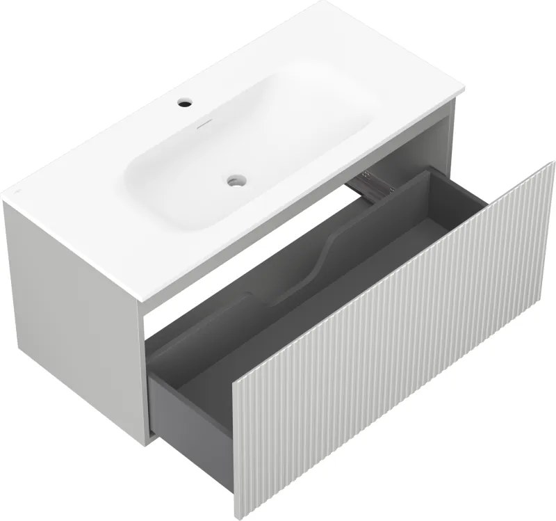 Mexen Rivel, koupelnová skříňka 100 cm s umyvadlem Vela, 1 zásuvka, drážkovaná, šedá matná/bílá, 91A20-10047-1-BF62-W23M01