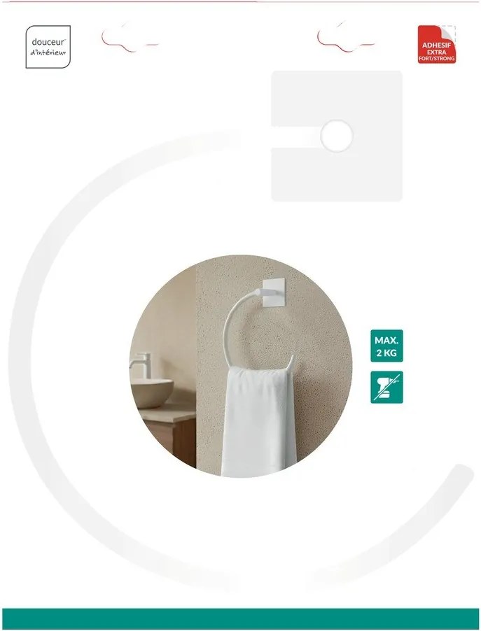 Matně bílý kovový držák na ručníky bez vrtání Fixeo – douceur d'intérieur