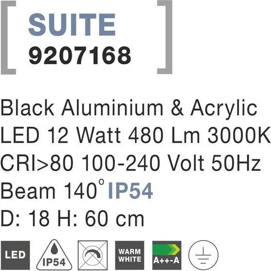 NV 9207168 Venkovní sloupkové svítidlo SUITE černý hliník a akryl LED 12W 3000K 100-240V 140st. IP54 - NOVA LUCE