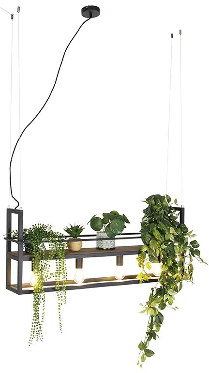Průmyslové závěsné svítidlo černé s dřevěným regálem 4-světlo - Cage Rack