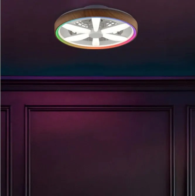 Brilliant G80935/76 Stmívatelné LED svítidlo GAIANO dekor DŘEVO, reverzní VENTILÁTOR LED RGB