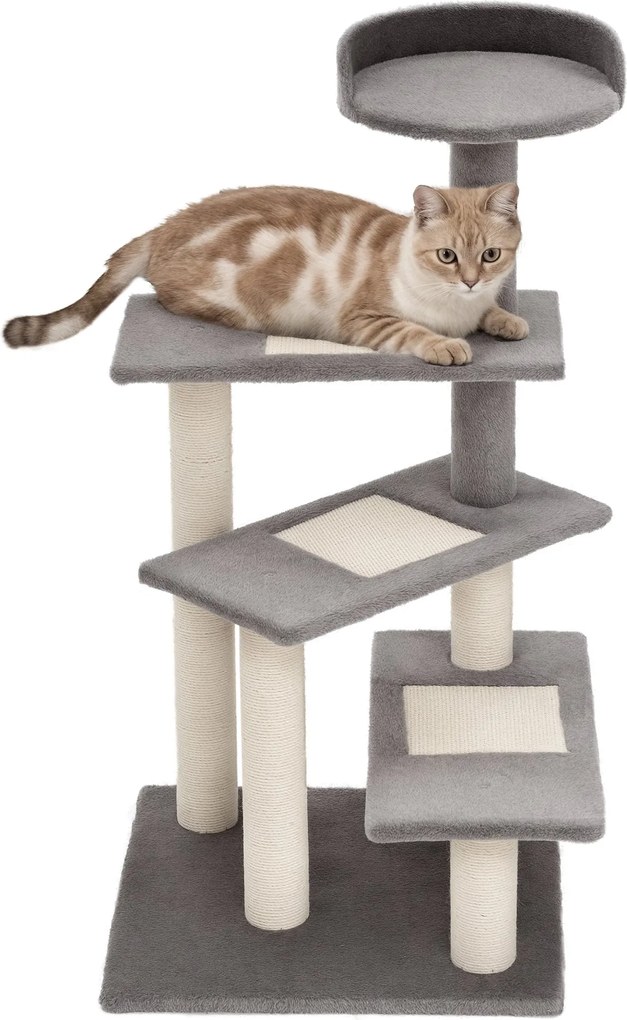 PawHut Kočičí strom, škrábací tyč, hrací dům, škrabací strom s 5 patry, béžový a šedý, 48,5 x 48,5 x 100 cm (D x Š x V) | Aosom